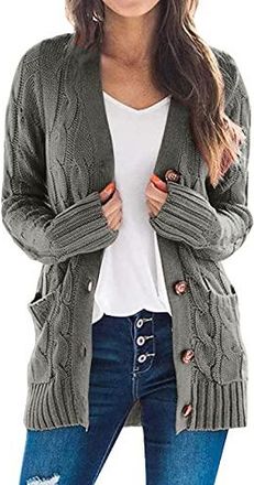 Generic IQYU Manteau en tricot long pour femme - Noir - Cardigan long avec boutons - En coton - Avec poche de poitrine - Cardigan surdimensionné - Élégant - B