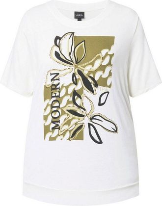 Ulla Popken T-Shirt T-Shirt Bl&uuml;tenmotiv Ziersteine Rundhals Halbarm
