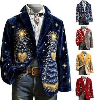 Generic Veste de costume de Noël en velours côtelé pour homme - Blazer amusant à manches longues - Revers boutonné - Tenues de Noël décontractées - Vêtements 