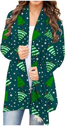 Generic 2026 Cardigan &agrave; manches longues pour femme Impression num&eacute;rique, Vert, XXL