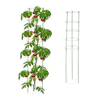 Relaxdays Rankhilfe, 2er Set, Tomatens&auml;ule f&uuml;r Garten & Balkon, 150 cm, je 5 Ringe, Pflanzst&auml;be Eisen & Kunststoff, gr&uuml;n
