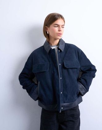 Topshop Veste en daim v&eacute;ritable de qualit&eacute; sup&eacute;rieure - Bleu
