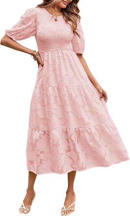 Merokeety Damen 2023 Sommer Puff&auml;rmel Gesmoktes Sch&ouml;nes Blumenkleid Rundhalsausschnitt Spitze Flowy Gestufte Midi Kleider, Pink, X-Gro&szlig;