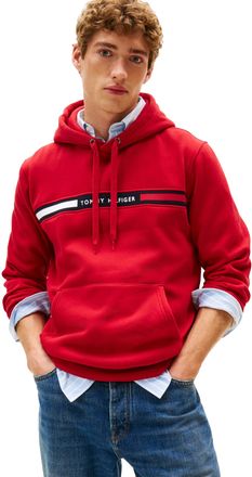 Tommy Hilfiger Herren-Kapuzenpullover aus Fleece, mittelschwer, mit charakteristischem Streifenlogo, Mittelrot, X-Large