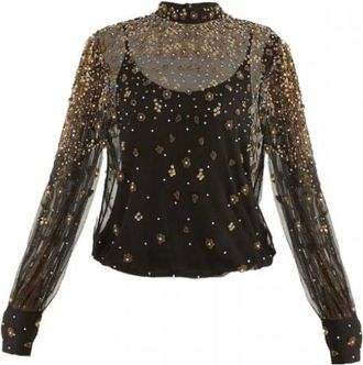 Farm Rio Farm Rio, Femme, Tops, Noir, Taille: 38 FR Blouse Doubl&eacute;e en Tulle Brod&eacute;