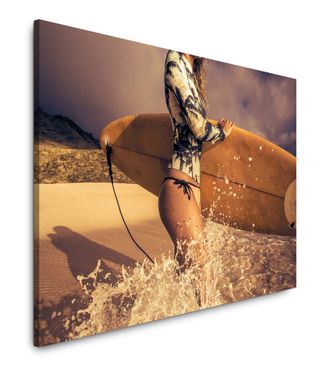 Paul Sinus Art Surfen am Strand 100 x 70 cm Inspirierende Fotokunst in Museums-Qualit&auml;t f&uuml;r Ihr Zuhause als Wandbild auf Leinwand in