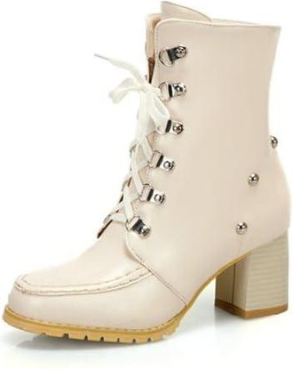 Generic Bottines tendance à lacets pour femme avec décoration cloutée et talon bloc confortable Bout rond Chaussures punk dhiver, beige, 40.5 EU