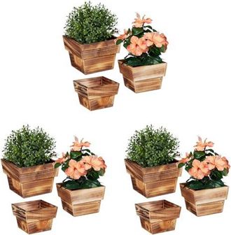 Relaxdays Blumentopf im 3er Set, geflammtes Holz, f&uuml;r au&szlig;en & innen, viereckig, Deko f&uuml;r Pflanzen, Pflanzengef&auml;&szlig;, Natur (Packung mit 3)