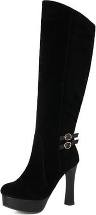 Generic Bottes montantes tendance pour femme avec boucle de ceinture, bout rond, fermeture &eacute;clair lat&eacute;rale, talon haut, escarpins pour lhiver, Noir, 37.5 EU