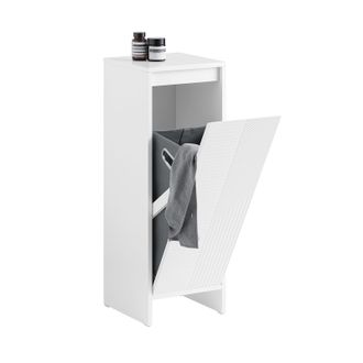 SoBuy Schmaler Badezimmerschrank mit Wäschesammler - Weißer Badschrank 30x30x87 cm, Modernes Frontdesign mit Kipptür, Kommode mit Wäschekorb für kleine Bade