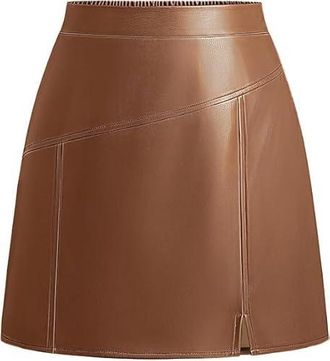 Kate Kasin Mini jupe trap&egrave;ze en cuir synth&eacute;tique pour femme, taille haute, fente lat&eacute;rale, style d&eacute;contract&eacute; avec taille &eacute;lastique et fermeture &eacute;clair lat&eacute;rale, 