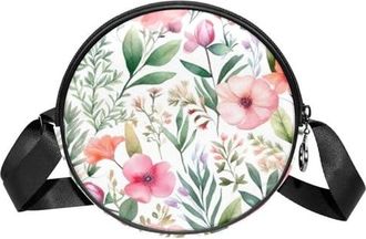 Generic Petit sac &agrave; bandouli&egrave;re circulaire pour femme, motif feuilles florales, sac &agrave; dos avec fermeture &eacute;clair, bretelles r&eacute;glables, sac &agrave; main rond d&eacute;contra