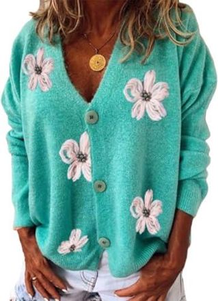 ORANDESIGNE D Vert Femme Cardigan Manches Longues Mode Veste Courte Lâché Gilets en Tricot Imprimé Marguerites Chandail Chaud Imprimé damour Étoile Bouton Ouvert 
