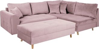 Norrwood home24 Ecksofa Meyford Pink Samt Ravi 230 x 85 x 160cm Ottomane davorstehend rechts mit Hocker Skandi