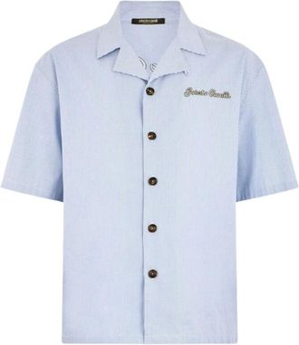 Roberto Cavalli Homme, Chemises, Bleu, Taille: XL Chemise Ray&eacute;e avec Logo Brod&eacute;
