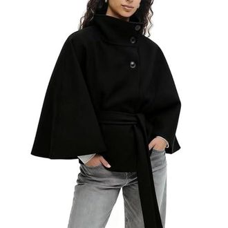 Generic Ponchos &agrave; manches chauve-souris pour femmes, manteau court en laine avec col montant et ceinture pour lautomne et lhiver, Noir, XXL