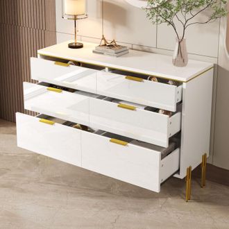 STILVORA Buffet et Enfilade avec 6 Tiroirs et Poign&eacute;es Dor&eacute;es, Fa&ccedil;ades Brillantes, Style Moderne, en Panneaux, Blanc, 120&times;40&times;85,5 cm