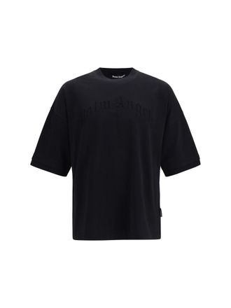 Palm Angels Mens T-Shirt Curved Logo Black Cotton T-Shirts And Polos