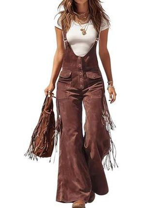 Generic Combinaisons, combinaisons &agrave; franges pour femme, en daim synth&eacute;tique, bretelles r&eacute;glables, franges &agrave; fond cloche, barboteuse d&eacute;t&eacute; pour femme, rouge pr