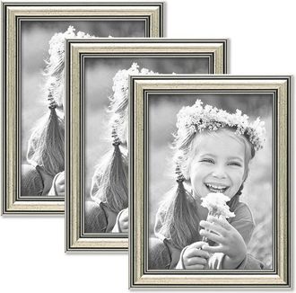 Photolini 3er Set Bilderrahmen Silber Barock Antik 13x18 cm Fotorahmen mit Glasscheibe/Kunststoffrahmen