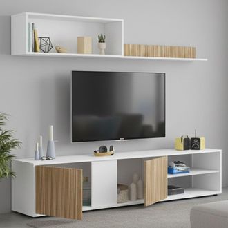 Dmora Wohnzimmerm&ouml;bel Titusville, TV-St&auml;nder, Wohnzimmerm&ouml;bel, Zusammensetzung des Wohnzimmersets, Wohnzimmerset mit Schrankwand, 180 x 33 x 40 cm, Wei&szlig; und