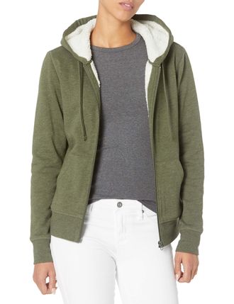 Amazon Essentials Damen Sherpa-gefütterte Fleece-Kapuzenjacke mit durchgehendem Reißverschluss (erhältlich in Übergröße), Olivenheide, XXL