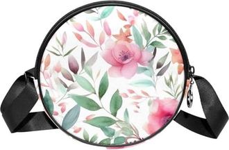 Generic Petit sac &agrave; bandouli&egrave;re circulaire pour femme, motif feuilles florales, sac &agrave; dos avec fermeture &eacute;clair, bretelles r&eacute;glables, sac &agrave; main rond d&eacute;contra