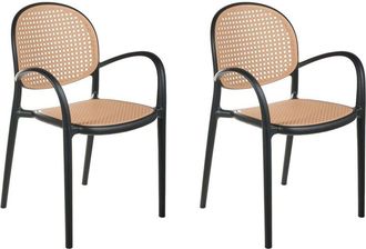 Beliani Esszimmerstuhl 2er Set Schwarz Kunststoff mit Wiener Geflecht Stapelbar Retro Stil Esszimmer K&uuml;che Garten Ausstattung Sitzm&ouml;bel Plastikstuhl