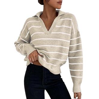 Generic Pull en tricot rayé pour femme - Col en V - Pull dhiver moderne - Pull à revers - Vintage - Décontracté - Pull en tricot à manches longues - Pour les 