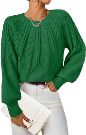 Generic Pull col Rond Femme, Pull col Rond Manches Longues en Grosse Maille torsad&eacute;e, Vert, Taille M