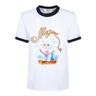 Msgm Msgm, Femme, Tops, Blanc, Taille: 42 FR T-shirt à Manches Courtes avec Imprimé Chat