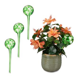 Relaxdays 4 x Bew&auml;sserungskugel, dosierte Pflanzen Bew&auml;sserung, Blumentopf, Gie&szlig;hilfe B&uuml;ro, Urlaub, Durstkugel Glas, &Oslash; 9cm, gr&uuml;n