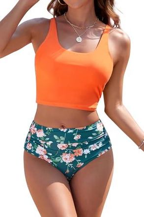 SHEKINI Maillot de bain tankini 2 pièces pour femme avec haut court taille haute froncé et contrôle du ventre, Orange, floral, XL
