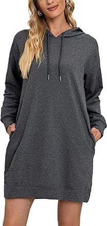 Minetom Femme Sweat à Capuche Robe Sweat-Shirt Automne Hiver Hoodie Manche Longue Robe avec Poches Grande Taille B Gris XXL