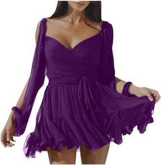 Generic 2026 Robes amincissantes pour femmes temp&eacute;rament d&eacute;contract&eacute; en maille &agrave; manches longues nou&eacute; dos nu mini robe, violet, XXL