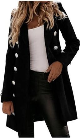 Generic Manteau dhiver pour femme avec col en V et revers - Manteau long en laine chaude - Manteaux dhiver décontractés avec boutons - Veste de transition élé
