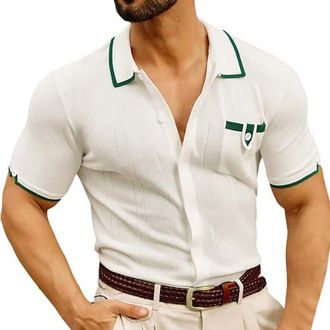 Generic Polo vintage à manches courtes pour homme - Décontracté - Léger - Hollow Out - Chemise en tricot avec boutonnière - Polo à manches courtes - Polo resp