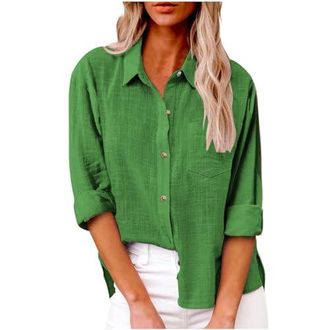 Generic Chemise d&eacute;t&eacute; boutonn&eacute;e en coton et lin &agrave; manches longues pour femme - Tunique d&eacute;contract&eacute;e et ample - Poche poitrine, Vert, 3XL