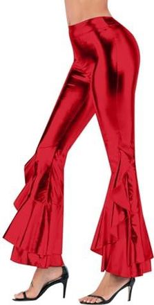 Generic Pantalon &eacute;vas&eacute; en similicuir m&eacute;tallique brillant pour femme - Taille haute &agrave; volants - Style disco r&eacute;tro pour festival, spectacle, f&ecirc;te, tenue de rave