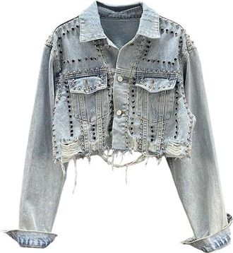 Generic Blazer en jean pour femme avec d&eacute;tails rivet&eacute;s, coupe courte d&eacute;contract&eacute;e, bleu clair, taille XXL. Style western