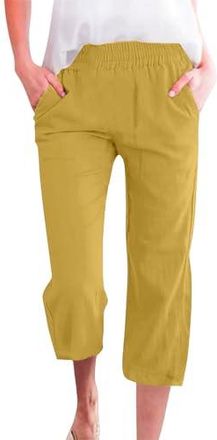 Generic Ydsxlp Pantalon d&eacute;t&eacute; en coton et lin pour femme - Couleur unie - Taille &eacute;lastique - Pantalon capri grande taille - Pantalon ample &agrave; jambe droite - Pan