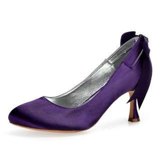 Generic Chaussures De Mari&eacute;e Escarpins pour Femme Satin&eacute;e Talon Moyen Slip-on Rond Chaussures De Mariage De F&ecirc;te 7Cm,Dark Purple,39 EU