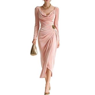 Generic Robe en velours pour femme avec col b&eacute;nitier - Manches longues - &Eacute;l&eacute;gante robe fronc&eacute;e moulante pour cocktail, f&ecirc;te dautomne, rose, XXL