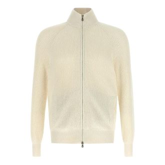 Brunello Cucinelli Englische Halbrippen-Cardigan aus Baumwollgaze - - Knitwear - Herren - Wei&szlig; - M