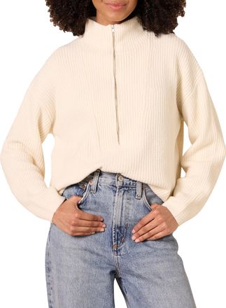 Amazon Essentials Damen Stretch-Pullover aus mittelgrobem Strick mit halblangem Reißverschluss und Polokragen (Früher Daily Ritual), Beige, XS