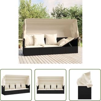vidaXL Sonnenliege - Outdoor-Loungebett mit Dach und Kissen Schwarz Poly Rattan