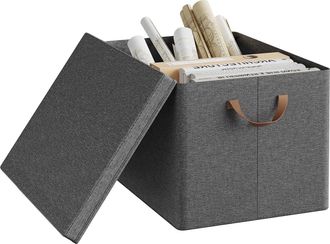 Woltu Aufbewahrungsbox mit Deckel 1 Stück, aus Polyesterstoff, für Schlafzimmer, Arbeitszimmer, Wohnzimmer, Organizer Box mit Griffen, faltbar, Grau, 48x30x