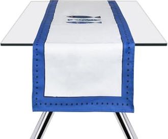 Excelsa Ocean Nappe Runner, Coton, Blanc et Bleu, 45 x 140 cm
