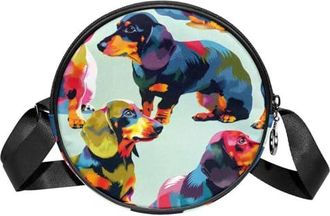 Generic Petit sac &agrave; bandouli&egrave;re rond pour femme, motif teckel avec fermeture &eacute;clair, bretelles r&eacute;glables, sac &agrave; main rond d&eacute;contract&eacute; pour femmes et filles