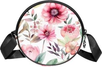 Generic Petit sac &agrave; bandouli&egrave;re circulaire pour femme, motif feuilles florales, sac &agrave; dos avec fermeture &eacute;clair, bretelles r&eacute;glables, sac &agrave; main rond d&eacute;contra